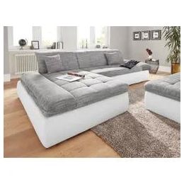 Ecksofa DOMO collection "Moric Luxus - B/T/H 300/172/80 cm, XXL-Format" Sofas Gr. B/H/T: 300cm x 80cm x 172cm, Kunstleder SOFTLUX-Struktur, Recamiere links, weiß (weiß/weiß-grau/grau) L-Form, 140kg BelastungSitz, in Cord, Chenille, Kunstleder