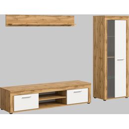 Wohnzimmer-Set Inosign "Aosta, Breite 235cm, bestehend aus Lowboard, Wandboard, Vitrine" Kastenmöbel-Sets Gr. B/H/T: 235 cm x 159 cm x 35 cm, weiß (wotan eiche nachbildung, weiß) Wohnwand, Kombination, Anbauwand, Möbel Set, Schrankwand, Kombi