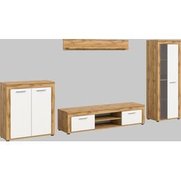 Wohnzimmer-Set Inosign "Aosta, Breite 330cm, best. aus Highboard, Lowboard, Wandboard, Vitrine" Kastenmöbel-Sets Gr. B/H/T: 330 cm x 159 cm x 35 cm, weiß (wotan eiche nachbildung, weiß) Wohnwand, Kombination, Anbauwand, Möbel Set, Schrankwand, Kombi