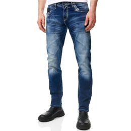 Straight-Jeans Rusty Neal "YAMATO" Gr. 29, US-Größen, blau (dunkelblau) Herren Jeans mit farblich abgesetzten Nähten