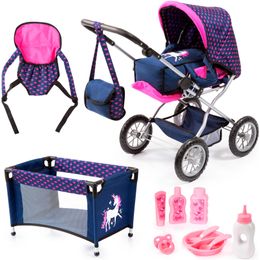 Kombi-Puppenwagen BAYER "Grande, blau/pink" Puppenwagen bunt (blau, pink) Kinder mit Reisebett, Schnuller, Geschirr und Pflegeprodukten