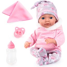 Babypuppe BAYER "Reborn Baby, 38 cm Regenbogenmuster" Puppen grau (grau, rosa) Kinder