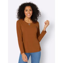 WITT Damen Langarmshirt mit Leder-Imitat-Patch, cognac, Gr&ouml;&szlig;e 38