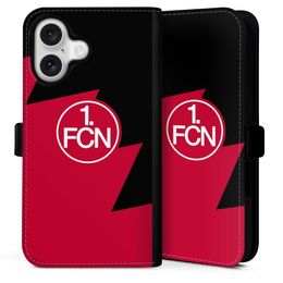 DeinDesign iPhone 16 Handy Klapph&uuml;lle Handyh&uuml;lle aus Kunst Leder schwarz Flip Case 1. Fcn 1. Fc N&uuml;rnberg Merchandise Sideflip mit Lasche
