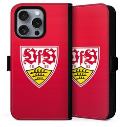 DeinDesign iPhone 16 Pro Max Handy Klapph&uuml;lle Handyh&uuml;lle aus Kunst Leder schwarz Flip Case Logo Official Licensed Product Vfb Stuttgart Sideflip mit Lasche