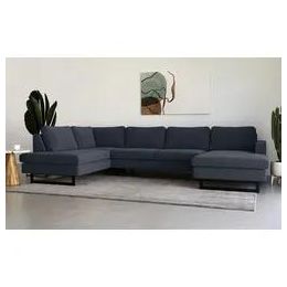 Wohnlandschaft Places of Style "Pinto, 350 cm, U-Form, XXL, mit Ottomanen" Sofas Gr. B/H/T: 350cm x 85cm x 206cm, Feincord, Ottomane links, blau (rauchblau) Cord, Feincord, Luxus-Microfaser Leder und Chenille