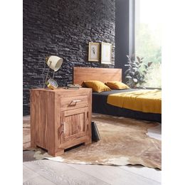 Wohnling Nachttisch Massivholz Akazie Design Nachtkommode 60 cm mit Schublade und Tür Nachtschrank für Boxspr