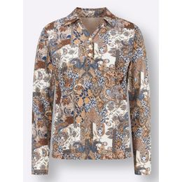 WITT Damen Langarm-Poloshirt mit Druckmuster, dunkelblau-cognac-bedruckt, Gr&ouml;&szlig;e 54