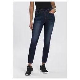 Slim-fit-Jeans Kangaroos "CROPPED HIGH WAIST SLIM FIT" Gr. 34, N-Gr, blau (schwarzblau, used) Damen Jeans schmale Passform, Röhrenjeans, trendige Used-Waschung