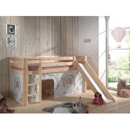 Vipack Spielbett Pino inkl. Rutsche mit Textilset Vorhang "Birdy", Ausf. Kiefer massiv natur