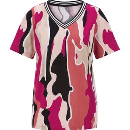 Damen Kurzarmshirt mit gestreiftem Ripsband schwarz-pink-bedruckt, Gr&ouml;&szlig;e 42