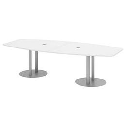 Hammerbacher Konferenztisch KT28S weiß Tonnenform, Rundrohr silber, 280,0 x 85,0 - 130,0 x 74,0 cm