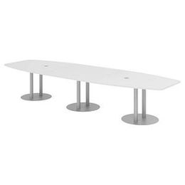 Hammerbacher Konferenztisch KT40S weiß Tonnenform, Rundrohr silber, 400,0 x 85,0 - 130,0 x 74,0 cm