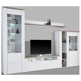 Wohnwand Home Affaire "Larona, Anbauwand, Set 4 Teilig" Kastenmöbel-Sets weiß (sibiu weiß, eichefarben sägerau dunkel) bestehend aus 1 TV-Board, Highboard, Vitrine, Wandregal