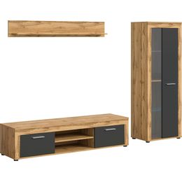 Wohnzimmer-Set Inosign "Aosta, Breite 235cm, bestehend aus Lowboard, Wandboard, Vitrine" Kastenmöbel-Sets Gr. B/H/T: 235 cm x 159 cm x 35 cm, grau (wotan eiche, grau) Wohnwand, Kombination, Anbauwand, Möbel Set, Schrankwand, Kombi