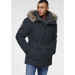 Parka Bruno Banani, Herren, Gr. S (48), blau (marine), Fellimitat: 85% Polyacryl, 15% Polyester. Obermaterial: 100% Polyester. Futter: 100% Polyester. Wattierung: 100% Polyester, unifarben, normal, Rippstrickb&uuml;ndchen, Jacken Parka, strapazierf&auml;higes Material, abnehmbare Kapuze mit Fellimitat