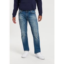 H.I.S. Straight-Jeans H.I.S "DIX" Gr. 33, Länge 32, blau (light, blau, used), Herren, Denim/Jeans, Obermaterial: 92% Baumwolle, 7% Elastomultiester, 1% Elasthan, Jeans, gerade Beinform, niedrige Leibhöhe, Used-Waschung