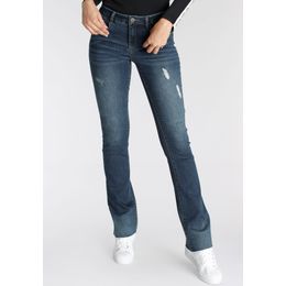 Bootcut-Jeans Arizona "Ultra-Stretch" Gr. 34, N-Gr, blau (dark, blue, used) Damen Jeans ausgestellte Beinform, modischer Used-Look, normale Leibhöhe