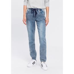 Stretch-Jeans Arizona Gr. 38, N-Gr, blau (bleached, used), Damen, Jersey, Obermaterial: 59% Baumwolle, 40% Polyester, 1% Elasthan, Jeans, weites Bein, hohe Leibhöhe, knöchellang, mit Used-Waschung