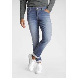 Slim-fit-Jeans Bruno Banani "Jimmy (Stretch)" Gr. 30, Länge 32, blau (mid blue) Herren Jeans schmale Beinform, niedrige Leibhöhe, mit Button-Fly