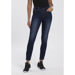 Slim-fit-Jeans Kangaroos "CROPPED HIGH WAIST SLIM FIT" Gr. 42, N-Gr, blau (darkblue, used) Damen Jeans schmale Passform, Röhrenjeans, trendige Used-Waschung