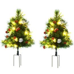 HOMCOM 2-er Set Weihnachtsbäume Mini Künstlicher Christbaum mit Tannenzapfen und rote Beere, Kugeln und War