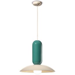 Licht-Erlebnisse Pendelleuchte Keramik d: 40 cm Creme Türkis E27 rund Retro Design Keramiklampe