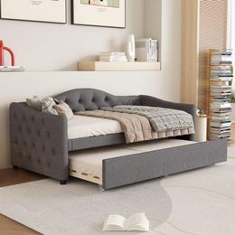 Tagesbett, 90 x 200 cm große Chaiselongue mit ausziehbarem Bett, Schlafsofa, Einzelbett (ohne Matratze), Leinen, minimalistischer Stil, grau