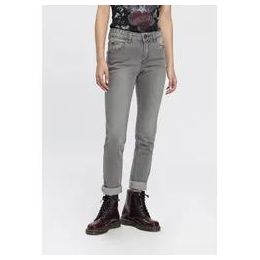 Slim-fit-Jeans Arizona "Bund mit seitlichem Gummizugeinsatz" Gr. 19, K + L Gr, grau (grau, used) Damen Jeans schmale Passform, Röhrenjeans, Used-Waschung, hohe Leibhöhe