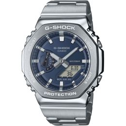 Chronograph Casio G-SHOCK Armbanduhren silberfarben-dunkelblau, grau Herren Quarzuhr, Armbanduhr, Herrenuhr, Edelstahlarmband, Stoppfunktion