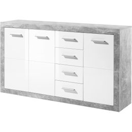 HBZ-MEBLE Kommode HBZ "Stone 2 Weiß Glanz, BxHxT 152x88x37 cm" Sideboards Gr. B/H/T: 152cm x 88cm x 37cm, 4 St., weiß (weiß, beton) Kommode mit 3 Türen, 4 Schubkästen, 2 Einlegeböden