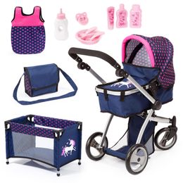 Puppenwagen BAYER "Mega, blau", bunt (blau, pink), Puppenwagen, KinderB:36cm H:74cm T:67cm, Kunststoff, Metall, Stoff, mit Reisebett, Schlafsack, Puppentrage, Wickeltasche und Zubehör, B:36cm H:74cm T:67cm