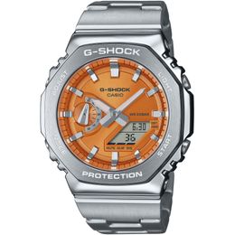 Chronograph Casio G-SHOCK Armbanduhren silberfarben-orange, grau Herren Quarzuhr, Armbanduhr, Herrenuhr, Edelstahlarmband, Stoppfunktion