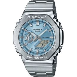 Chronograph Casio G-SHOCK Armbanduhren silberfarben-hellblau, grau Herren Quarzuhr, Armbanduhr, Herrenuhr, Edelstahlarmband, Stoppfunktion