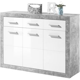 HBZ-MEBLE Kommode HBZ "Stone 2 weiß Glanz, BxHxT 117x88x37 cm" Sideboards Gr. B/H/T: 117 cm x 88 cm x 37 cm, 3 St., weiß (weiß, beton) Kommode mit 3 Türen, Schubkästen, 2 Einlegeböden