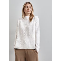 Strickpullover Street One, Damen, Gr. 40, weiß (cream weiß melange), Strick, Obermaterial: 35% Baumwolle, 32% Polyacryl, 28% Polyester, 5% Elasthan, unifarben, casual, bequem hüftbedeckend, Rundhals, Pullover, mit Zopfmuster, Topseller