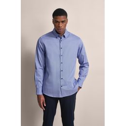 Langarmhemd Bugatti, Herren, Gr. M, Normalgrößen, blau (marine), 100% Baumwolle, unifarben, casual, normal, Langarm eckige 2-Knopf-Manschette, Hemden, aus feinem Satin