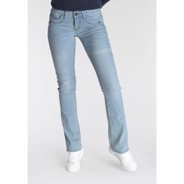 Bootcut-Jeans Arizona "mit Keileinsätzen" Gr. 17, K + L Gr, blau (bleached) Damen Jeans ausgestellte Beinform, niedrige Leibhöhe, elastisches Material