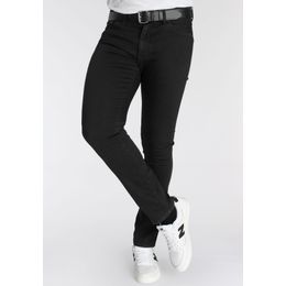 Stretch-Jeans DELMAO ""Reed"" Gr. 31, Länge 34, schwarz (schwarz, schwarz), Herren, Obermaterial: 82% Baumwolle, 16% Polyester, 2% Elasthan, unifarben, Jeans, gerader Beinschnitt, Used-Look-Waschung, niedrige Leibhöhe