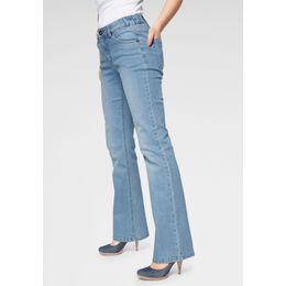 Bootcut-Jeans Arizona "Bund mit seitlichem Gummizugeinsatz" Gr. 34, N-Gr, blau (bleached) Damen Jeans hohe Leibhöhe, Bootcut, mit Stretch, klassischer 5-Pocket-Style