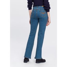 Bootcut-Jeans Arizona "Comfort-Fit" Gr. 100, L-Gr, blau (blue, stone) Damen Jeans ausgestellte Beinform, mit Eingrifftaschen, High-Waist