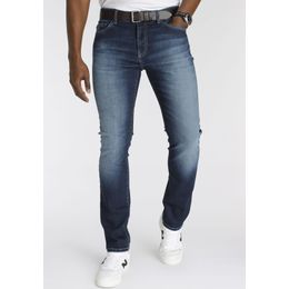 Stretch-Jeans DELMAO ""Reed"", Herren, Gr. 32, L&auml;nge 30, dkblau use, Obermaterial: 82% Baumwolle, 16% Polyester, 2% Elasthan, Basic, normal lang, Jeans, gerader Beinschnitt, Used-Look-Waschung, niedrige Leibh&ouml;he, Topseller