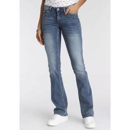 Bootcut-Jeans Arizona "mit Keileinsätzen" Gr. 17, K + L Gr, blau (mid, blue, used) Damen Jeans ausgestellte Beinform, niedrige Leibhöhe, elastisches Material Bestseller