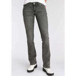 Bootcut-Jeans Arizona "mit Keileinsätzen" Gr. 34, N-Gr, grau (grey, used) Damen Jeans ausgestellte Beinform, niedrige Leibhöhe, elastisches Material