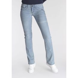 Bootcut-Jeans Arizona "mit Keileinsätzen" Gr. 48, N-Gr, blau (bleached) Damen Jeans ausgestellte Beinform, niedrige Leibhöhe, elastisches Material