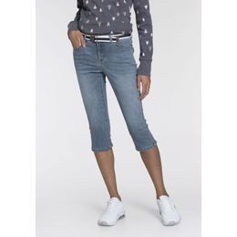 Caprijeans Kangaroos "CAPRI-JEANS mit Gürtel" Gr. 46, N-Gr, blau (light, blue, used) Damen Jeans 5-Pocket-Jeans Skinny Fit, mit Schlitz, normale Leibhöhe