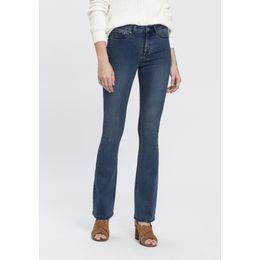 Bootcut-Jeans Arizona "Ultra Stretch", Damen, Gr. 17, K + L Gr, blau (schwarz, blau, used), Denim/Jeans, Obermaterial: 63% Baumwolle, 32% Polyester, 5% Elasthan, modisch, eng lang, Jeans, ausgestellte Beinform, Used-Waschung, hohe Leibhöhe