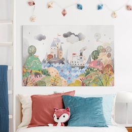 Bilderwelten Leinwandbild Wald modern Aquarell bunt - Reise ins M&auml;rchenland - Ballon XXL Kinderzimmer Baby M&auml;dchen Jungen