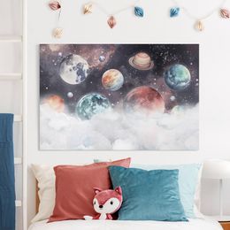 Bilderwelten Leinwandbild originell modern Aquarell bunt - Universum umh&uuml;llt von Wolken - Himmel XXL Kinderzimmer Baby M&auml;dchen Jungen