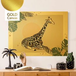 Bilderwelten Leinwandbild Gold Safari Tiere - Giraffe im Sonnenuntergang - Wandbilder XXL Print Botanik Tropical Illustration Tiere Jugendzimmer Wohnzimmer